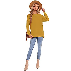 Custer's Night Women's Long Sleeve Sweatshirts Side Split Loose Casual Pullover Tunic Tops (Yellow, L)