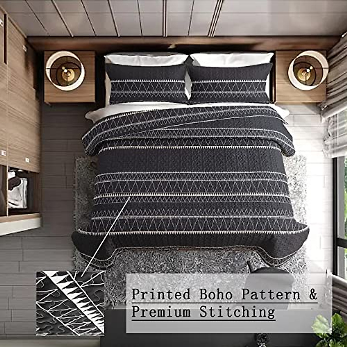 Homuno Black Quilt Set Queen Size 3-Piece Set (90 x 96 Inches), Bohemian Style All-Season Lightweight Reversible Microfiber Bedspread Set (1 Piece Quilt Set, 2 Pieces Pillowcase)