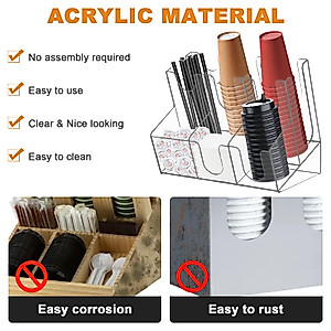 Tragaomx Clear Acrylic Coffee Cup and Lid Holder Organizer for Cups Display Straw Condiment Stirrer Sweeteners Napkins Cup Dispenser Countertop for Home Kitchen Office Coffee Station Bar Organizer