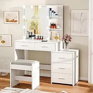 usikey 43.5in Large Vanity Desk with Mirror and 10 LED Lights, Makeup Vanity Table with Lights and 5 Drawers, White Vanity Table Vanity Set with Storage Shelves and Stool for Women Girls, White