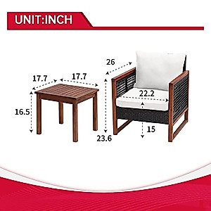 Patio Furniture 3-Piece Acacia Wood Patio Bistro Set Outdoor Chat Conversation Table Chair Set with Water Resistant Cushions and Coffee Table for Beach Backyard Garden,Khaki Cushion