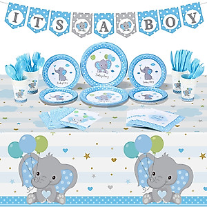 171 Pcs Elephant Theme Baby Shower Decorations for Boys It's a Boy Banners Blue Plate Napkins Cups Disposable Forks Tableware Tablecloth Elephant Decorations Set for Girl Birthday Party, Serves 24