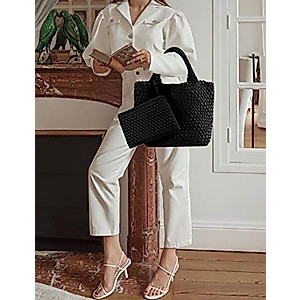 Designer Woven Tote Bag + Purse Women Neoprene Tote Handbag Fashion Large Shoulder Top-Handle Travel Bag Underarm Shopper Bag Black