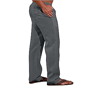 GiliGiliso Mens Fashion Solid Casual Elastic Waistband Pocket Cotton Linen Panel Trousers Pants Men's Big & Tall T-Shirts Dark Gray, M