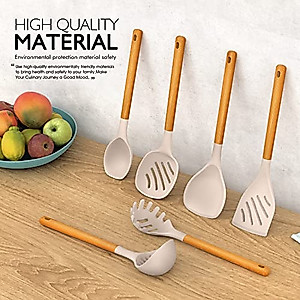 Large Silicone Cooking Utensils Set - Heat Resistant Silicone Utensils for Cooking w Long Wooden Handles, Kitchen Utensil Spatula Set, Kitchen Gadgets for Non-Stick Cookware, BPA Free(Khaki)