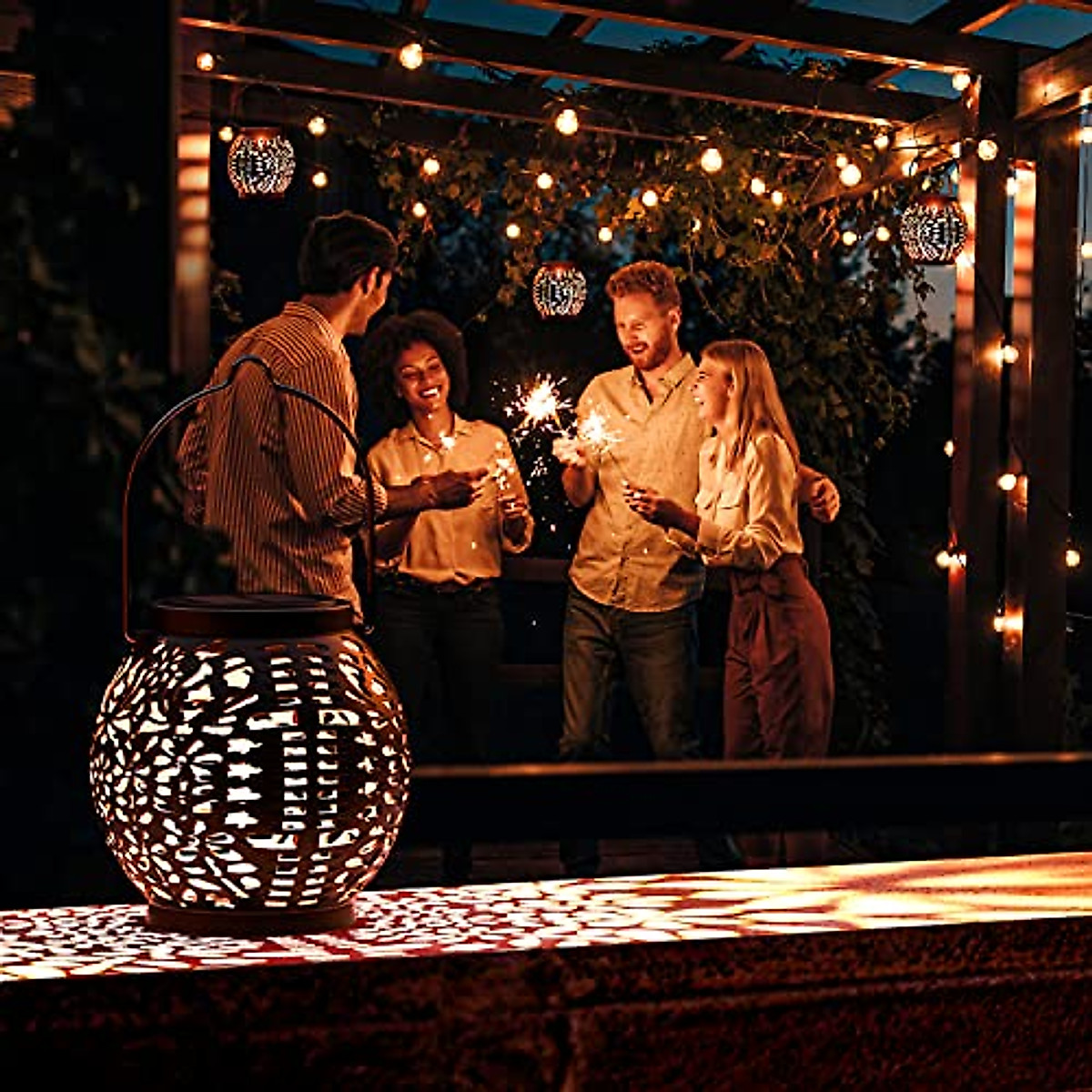 YrgePowk 4 Pack Solar Lantern with Handle and Shepherd Hook, Hanging Solar Lanterns Outdoor Waterproof IP65 Garden Lights Decorative for Pathway Yard Tree Fence Patio Lawn and Tabletop（Blue）