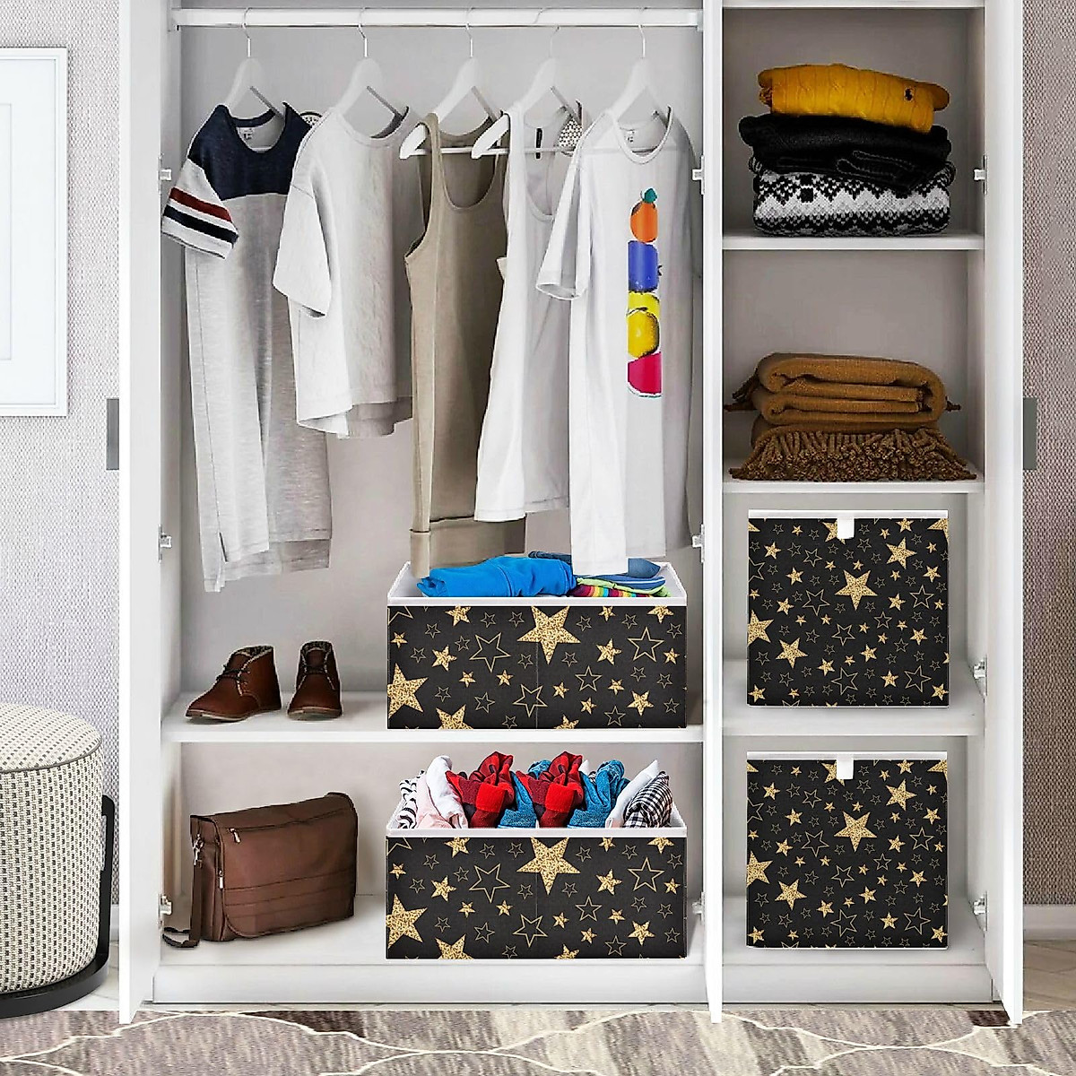 Kigai Fabric Cube Storage Bins Foldable Storage Box Waterproof Storage Cubes Organizer with Handles Storage Basket for Shelves, Home, Office, Nursery, 11"x11"x11", Star