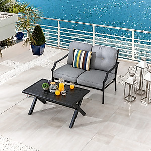 LOKATSE HOME Outdoor Loveseat and Coffee Table Metal Conversation Set Patio Furniture with Cushions for Poolside Backyard Lawn, Grey