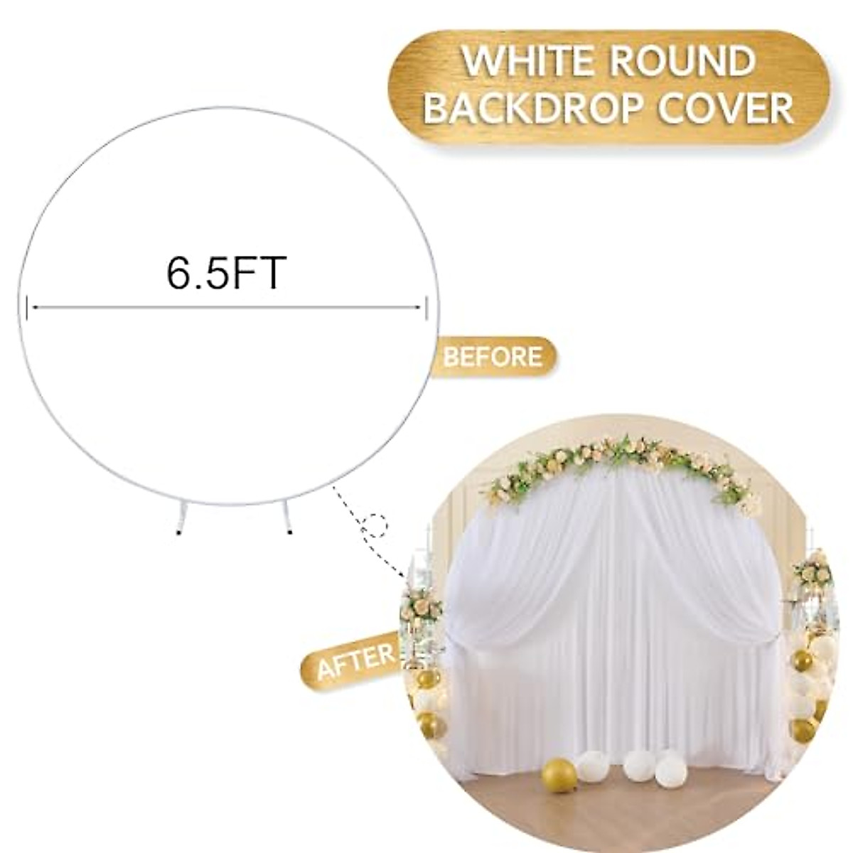 6.5FT White Round Backdrop Cover with Tulle for 6.0/6.5ft Circle Background Stand Photography Wrinkle-Free for Birthday Party Baby Shower Wedding Decorations