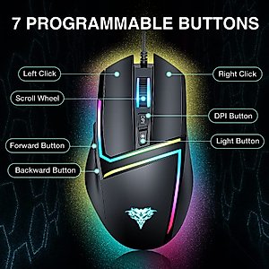 BENGOO Wired Gaming Mouse, PC Computer Mice USB Mouse with 6 RGB LED Modes, High-Precision 6 Adjustable DPI Up to 8000, 7 Programmable Buttons, Ergonomic Optical Mouse for Windows PC Mac Laptop Gamer