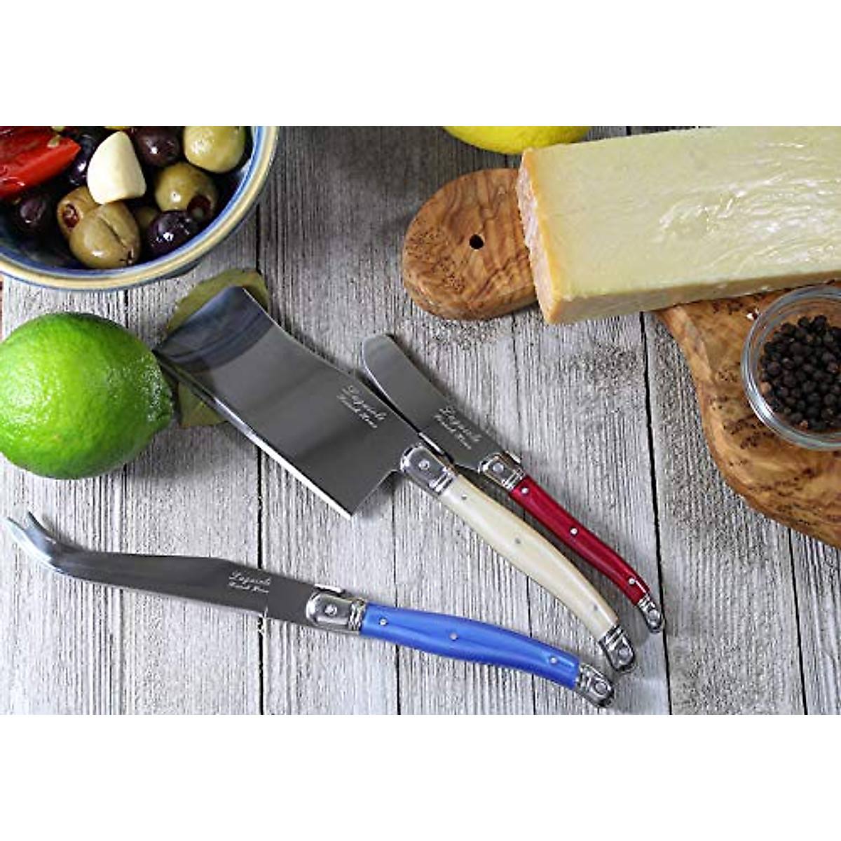 Laguiole Connoisseur Cheese Knife Set of 3 – Stainless Steel Cheese Knives Set – Cheese Spreader, Spear & Cleaver Knife – Luxurious Charcuterie Accessories for Parties (3-Piece, Red/White/Blue)