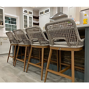 PURPLE LEAF Counter Height Bar Stools Set of 4 Rattan Chair Boho Aluminum Woven Counter Stools with Back and Footrest Modern Patio Seating 24.8 Inches Outdoor Barstools