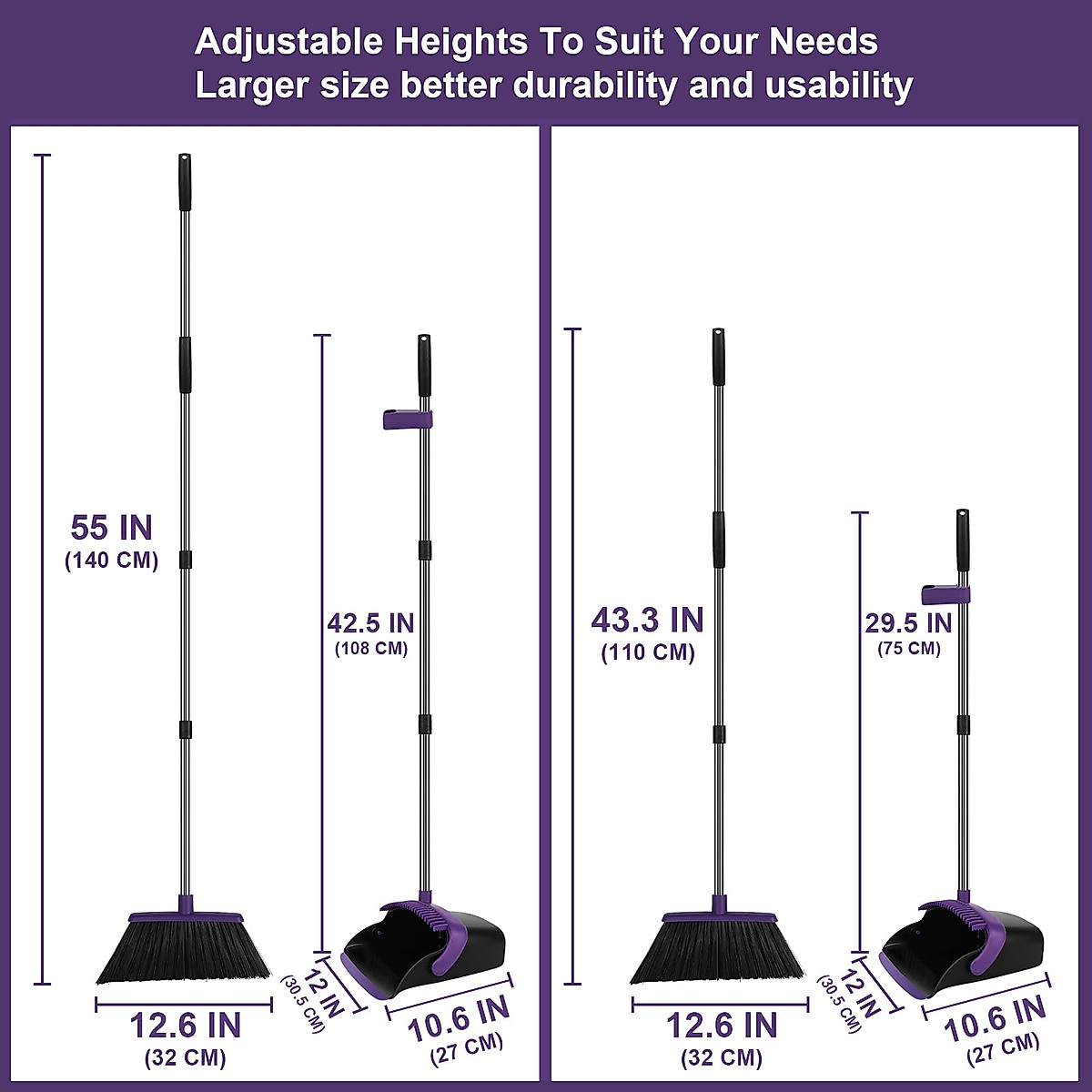Large Broom and Dustpan Set, Purple Broom with Dustpan Combo Set, 55" Long Handle Broom, Self Cleaning Dustpan, Ideal for Home and Dog Cat Pets