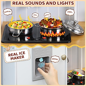 Clevich Play Kitchen, Wooden Kids Kitchen Playset, Pretend Chef Cooking Toy Set w/Realistic Lights & Sounds, Ice Maker, Telephone, Kitchen Accessories, Height Adjustable for Boys Girls Age 3+