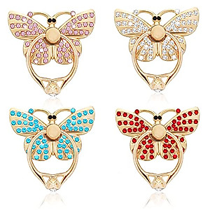 cobee Cell Phone Ring Holder Stands, 4 Pcs Butterfly Phone Ring Holders with Rhinestones Glitter Butterfly Finger Kickstand Metal Hand Grip with Knob Loop 180°/360° Rotation Kickstands(4 Colors)