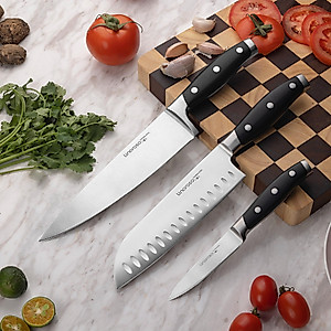 linoroso 3 Piece Knife Set, Chef Santoku Paring Knife Set with Elegant Gift Box, Sharp Forged German Carbon Stainless Steel Knives with Full Tang Ergonomic Handle for Home Kitchen and Restaurant