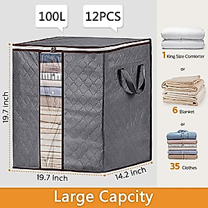 12 Pack 90L Large Storage Bags for Clothes Foldable Closet Organizers Clothes Storage Bins with Clear Window and Reinforced Handles for Comforters, Blankets, Bedding