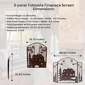 BestGiftEver 3-Panel Fireplace Screen Decorative with House Cabin Lodge Pine Cone Design - Stand Alone Fireplace Cover Metal Mesh Screen - Home Decorative Firescreen forRustic Western Country Style
