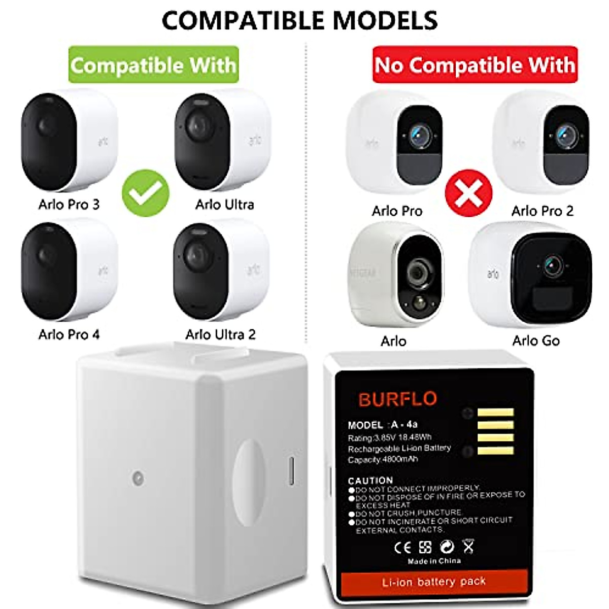 2-Pack Rechargeable Battery for Arlo Pro 3/Pro 4/Ultra/Ultra 2 Camera,Model A-4A,P/N:VMC4040 VMC4040P VMC5040 VMS4240P VMS4340P VMS4440P VMS4640P VMC4350B VMC4050P-100NAS 308-10069-01 VMC4040B100NAS