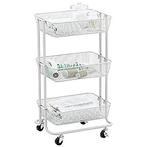 mDesign Metal 3-Tier Portable Rolling Household Storage Cart for Bathroom, Kitchen, Craft Room, Laundry Room, and Kid's Playroom - 4 Rotating Wheels - White