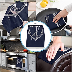 Chucoco Kitchen Towel Absorbent Dish Towels Simple Sketch Wooden Anchor 1 Pack Soft Reusable Hand Towel Washing Cloths, Quick Drying Hanging Terry for Home Cleaning Nautical Theme Navy Blue Back