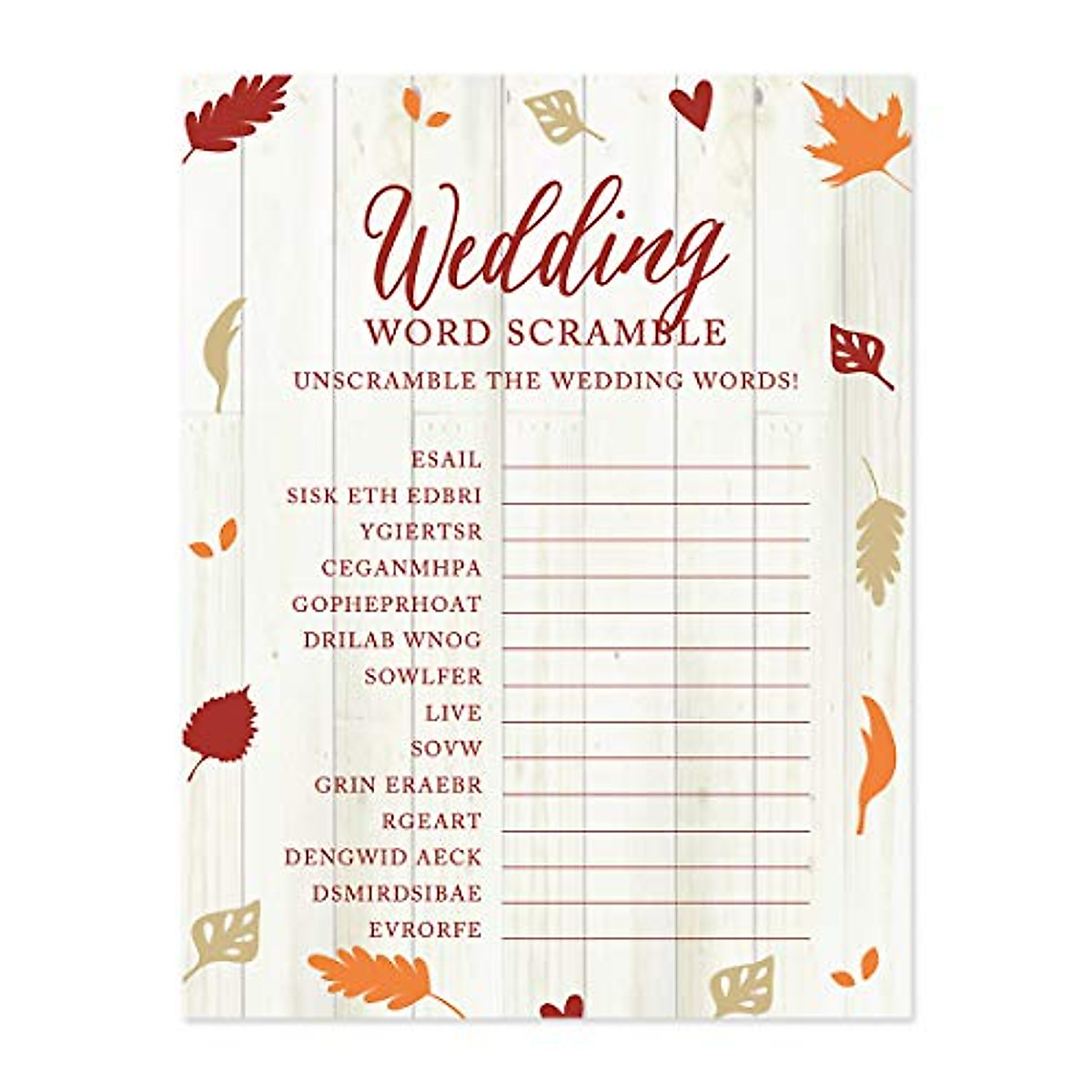 Andaz Press Fallin' in Love Autumn Fall Leaves Wedding Party Collection, Wedding Word Scramble Bridal Shower Game Cards, 20-Pack