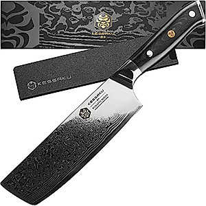 KESSAKU Nakiri Knife - 7 inch - Damascus Dynasty Series - Asian Vegetable Cleaver - Razor Sharp Kitchen Knife - Forged 67-Layer Japanese AUS-10V Stainless Steel - G10 Garolite Handle with Blade Guard