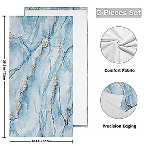 Qilmy White Blue Marble Hand Towel Set of 2, Super Soft Absorbent Fade Resistant Polyester Cotton Bath Towels Fingertip Towels for Bathroom Hotel Spa Gym and Beach 28.3x14.4 Inches