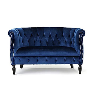 Christopher Knight Home Milani Tufted Scroll Arm Velvet Loveseat, Navy Blue / Dark Brown