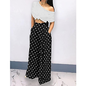A ADILACA High Waisted Palazzo Pants for Women Dressy, High Waisted Wide Leg Pants for Women with Pockets, Pull On Wide Leg Pants for Women, High Waist Long Flowy Pants (Polka Dot-Black, XL)