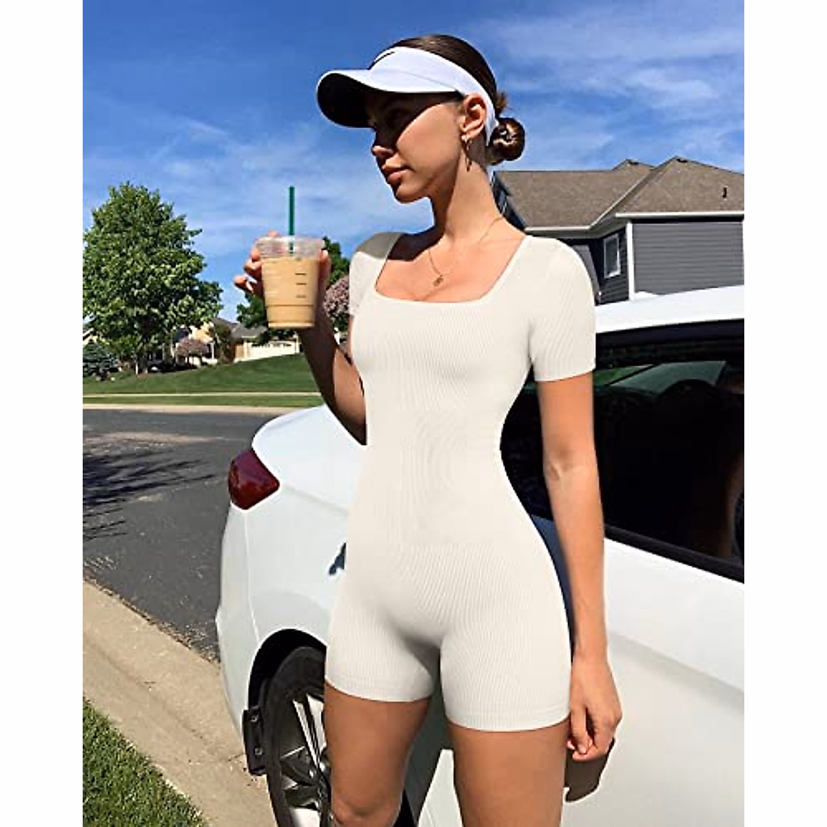 OQQ Women's Yoga Workout Ribbed Short Sleeve Sport Romper, Beige, Small