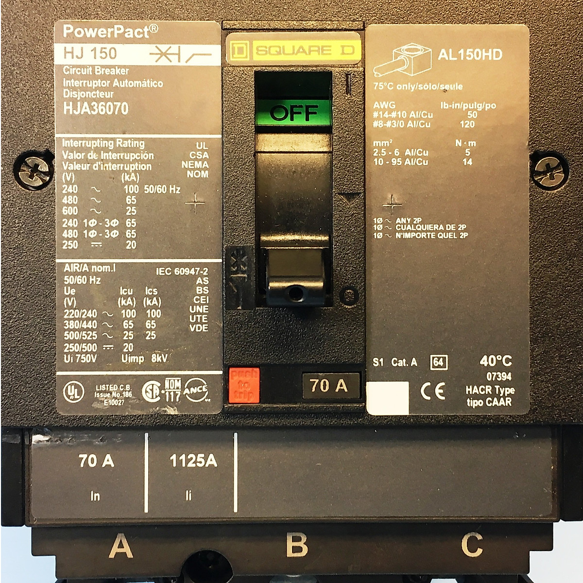SQUARE D HJA36070 Molded Case Circuit Breaker 600V 70A