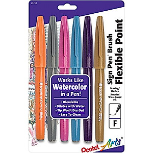 Pentel Arts Sign Pen Touch, Fude Brush Tip, Fashion Colors, Pack of 6 (SES15CBP6M1)