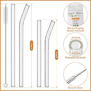 [12 Pcs] Reusable Glass Straws Shatter Resistant - 11" x 8mm and 9" x 8mm Each Including 3 Straight and 3 Bent with 2 Cleaning Brush Perfect for 30 oz and 20 oz Tumblers Juice Coffee Cocktail Tea