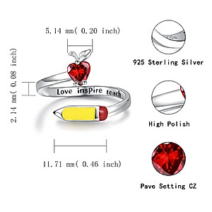 Mic Tai Teacher Appreciation Jewelry Gifts 925 Sterling Silver Love Inspire Teach Apple Pencil Ring for Women
