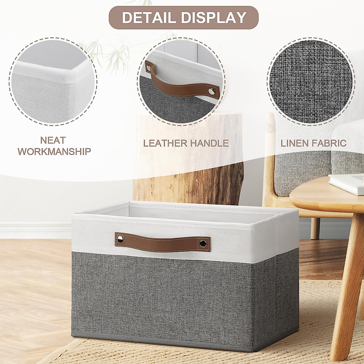 LOVSTORAGE Storage Boxes, 3 Pack Fabric Collapsible Storage Organizer Container with Leather Handle, 13 x 9 x 8 inch Rectangular Storage Bins Baskets for Shelves Home Nursery, White/Grey