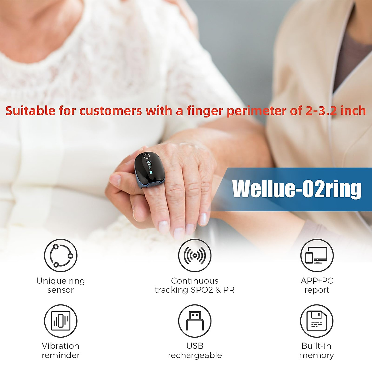 Wellue O2Ring Oxygen Monitor with Vibration Reminder -Bluetooth O2 Pulse Oximeter Rechargeable, Continuous Recording of SpO2 & PR, Blood Oxygen Saturation Tracker with Free APP & PC Reports