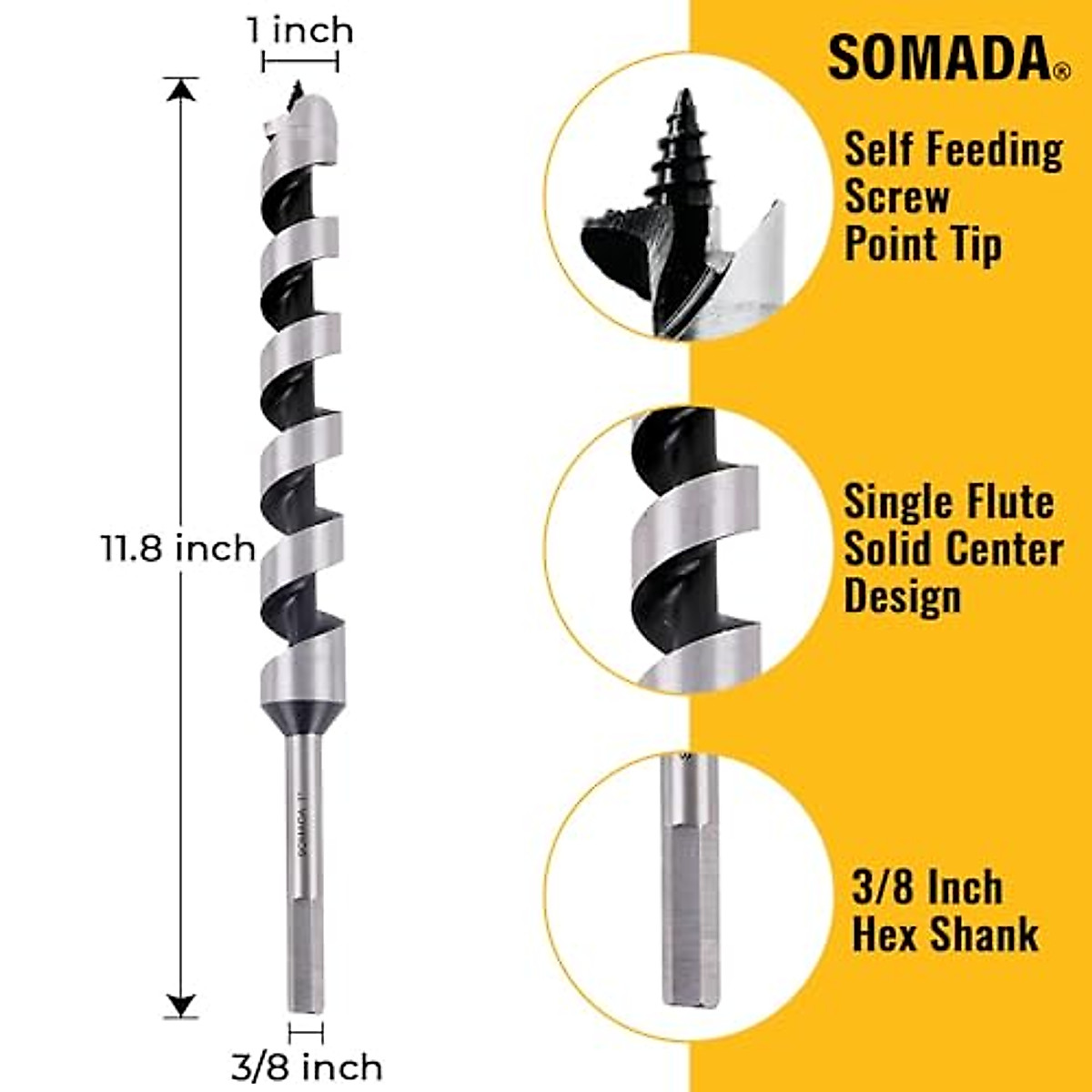 SOMADA 1-Inch x 12-Inch Auger Drill Bit for Wood, Hex Shank 3/8-Inch, Ship Auger Long Drill Bit for Soft and Hard Wood, Plastic, Drywall and Composite Materials