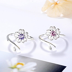 925 Sterling Silver Open Ring, Cherry Blossom Pink Purple Zircon Ring For Women'S Party Jewelry Pink