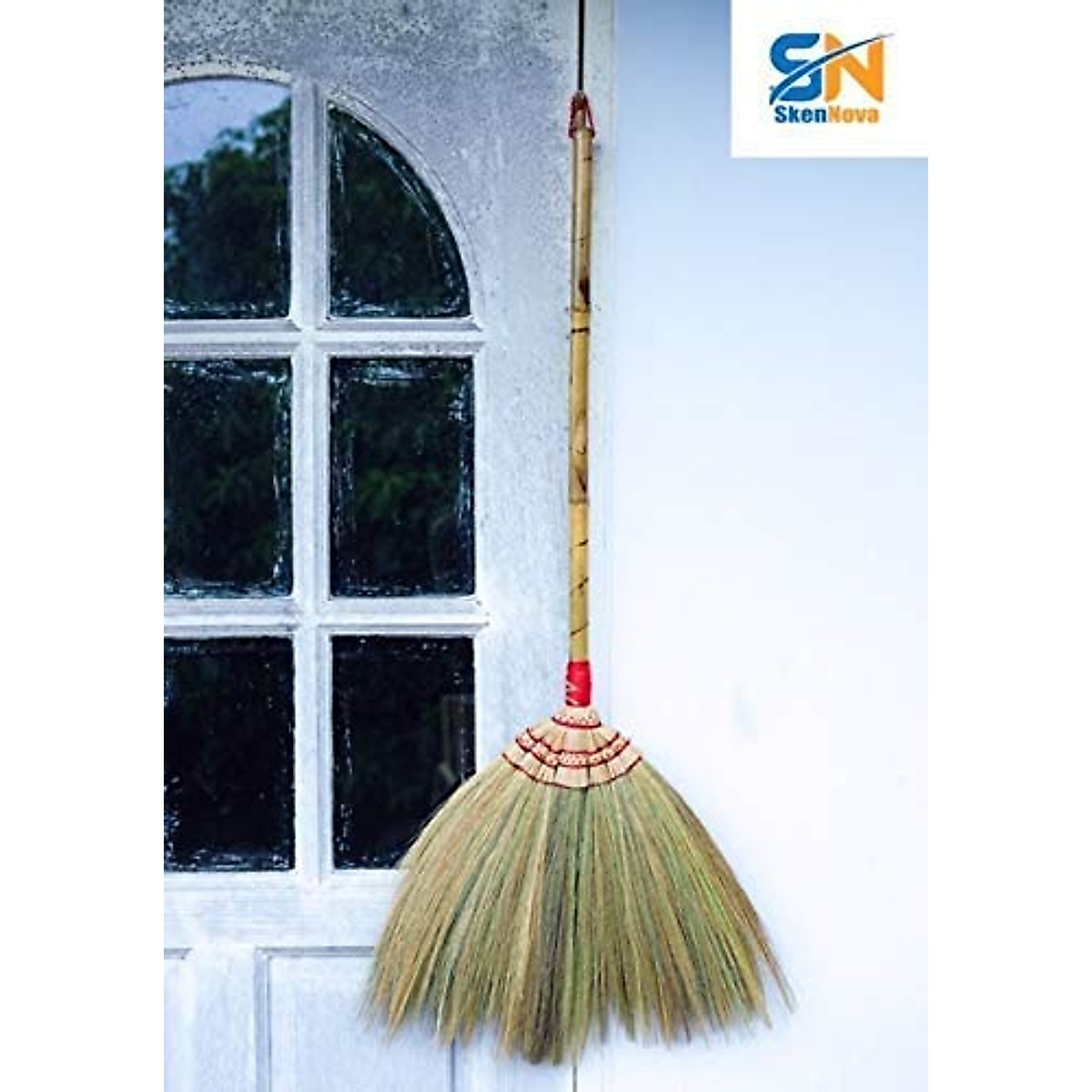 38" Thailanf Natural Grass Broom Bamboo Stick Handle for Sweeping Dirt, Dust, Garbage, Debris