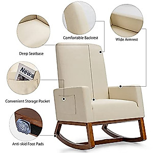 Giantx Upholstered Rocking Chair, Modern Fabric Armchair w/Wood Base, Side Pocket, Linen Padded Seat, High Back Accent Glider Rocker Chair, Mid-Century Leisure Chair for Nursery, Living Room (Beige)