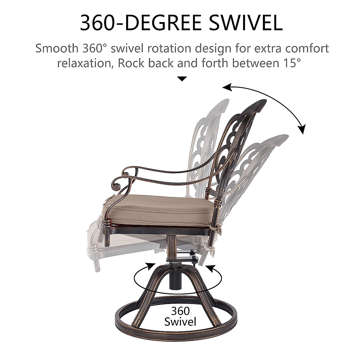 JOVNO Outdoor Furniture 2-Piece Cast Aluminum Bistro Swivel Arm Chair Set, Patio Dining Set-Bronze (Khaki)