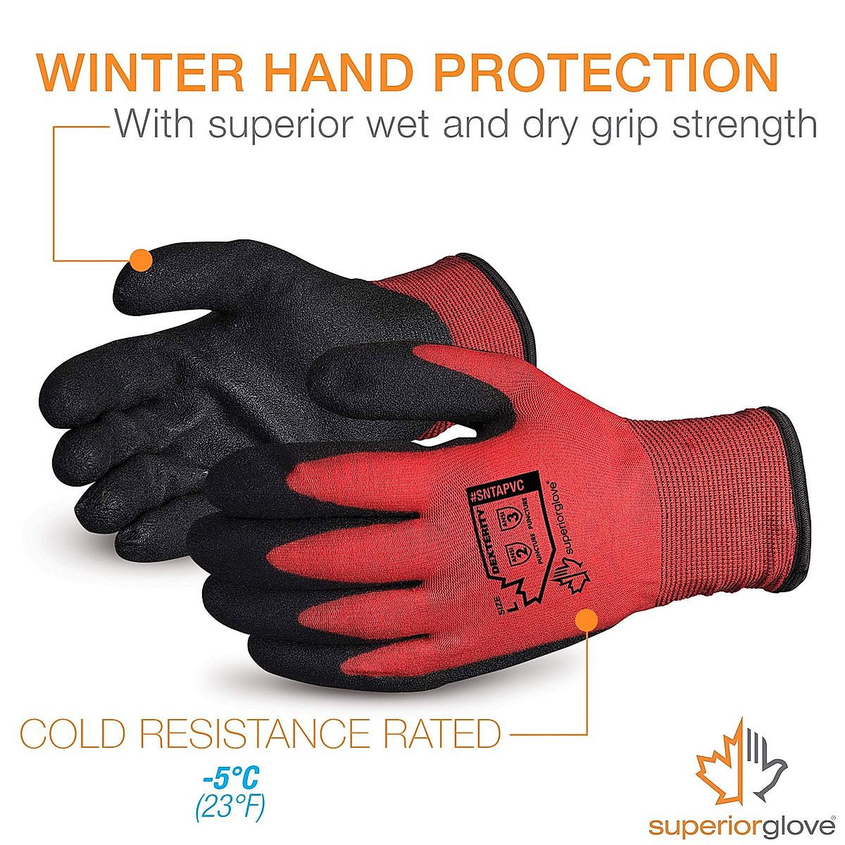 Superior Glove Winter Work Gloves - Fleece-Lined with Black Tight Grip Palms (Cold Temperatures) Freezer Gloves - SNTAPVC - Size Medium