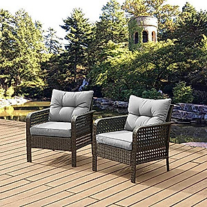 U-Eway Outdoor Rattan Single Chair 2pcs,Patio PE Wicker Furniture Cushion Seat,2Pcs Armchairs PE Rattan Sofa Backyard Yard ,Premium Spun Ploy Fabric,Removable Cushion Cover Zipper, Washable (Grey)