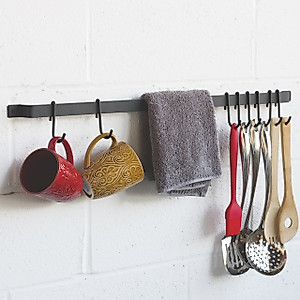 Wallniture Casto 30" Gourmet Kitchen Rail with 15 S Hooks for Hanging Kitchen Utensils Set and Cookware, Iron, Frosty Black