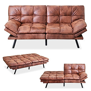 MUUEGM 71" Sofa Bed with Memory Foam,Futon Sofa Bed with Adjust Backrest and Armrest, Couches for Living Room,Studios, Apartments, Dormitories, Offices and Game rooms. Brown Leather Sofa