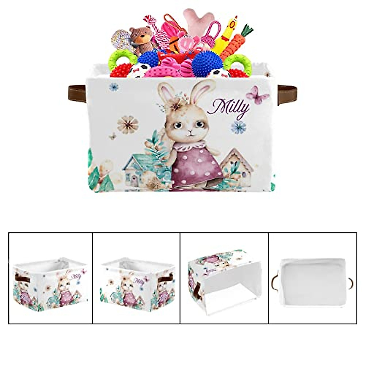 Cute Bunny Rabbit Personalized Storage Basket ,Custom Storage Bins Cubes Organizer with Handle for Bedroom Wardrobe,Nursery,Basket 1 Pack