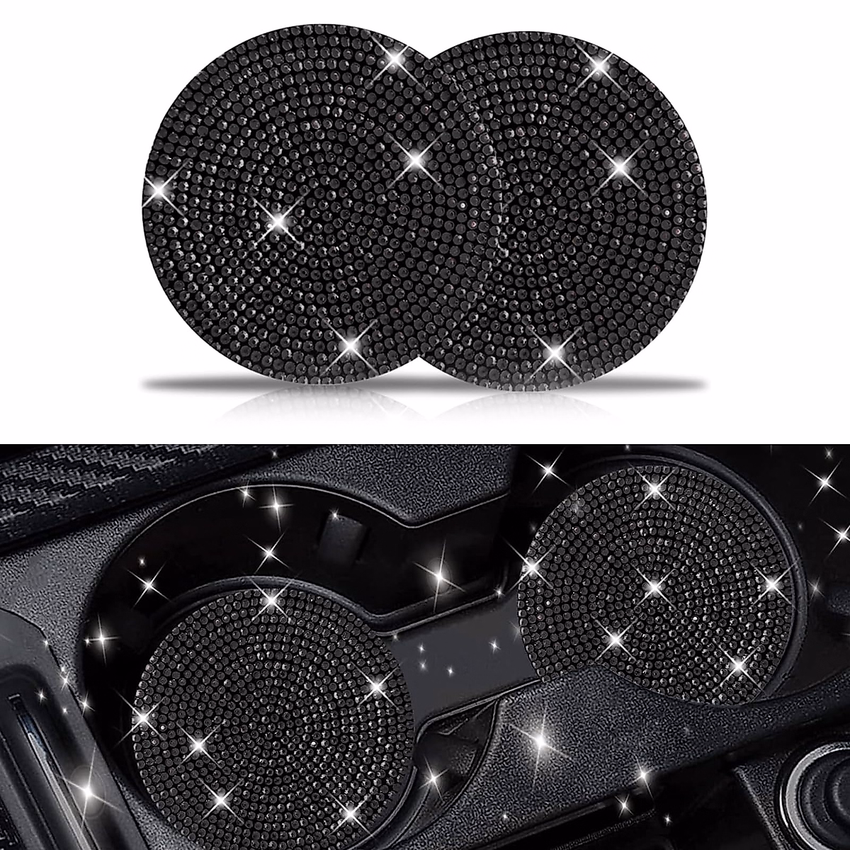UGSHY 2 PCS Car Cup Holder Coasters, 2.7In Bling Crystal Rhinestone Rubber Vehicle Cup Mats, Universal Anti-Slip Durable Automotive Interior Decoration Accessories for Cars Trucks SUVs (Black)