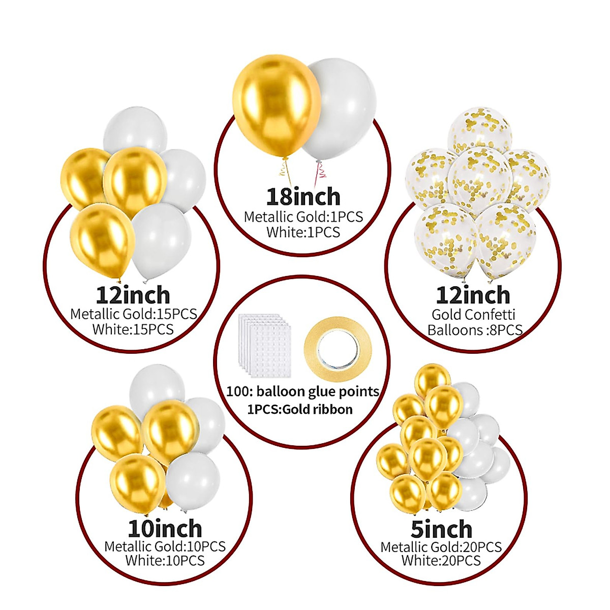 White Gold Balloon Garland Kit 100pcs 18Inch 12Inch 10Inch 5Inch with White Metallic Chrome Gold and White Gold Confetti Balloons for Bridal Shower Birthday Party Graduation Decorations