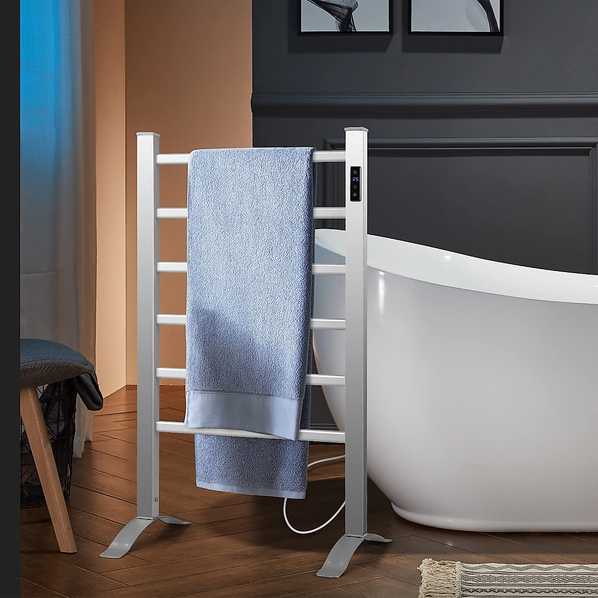 Tangkula Towel Warmer, Freestanding & Wall Mounting 6 Bars Heated Towel Rack w/Timer, LED Display, Overheat Protection & Constant Temperature Control, Aluminum Towel Drying Shelf for Bathroom